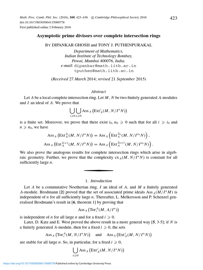 Asymptotic Prime Divisors Over Complete Intersection Rings | PDF | Ring ...