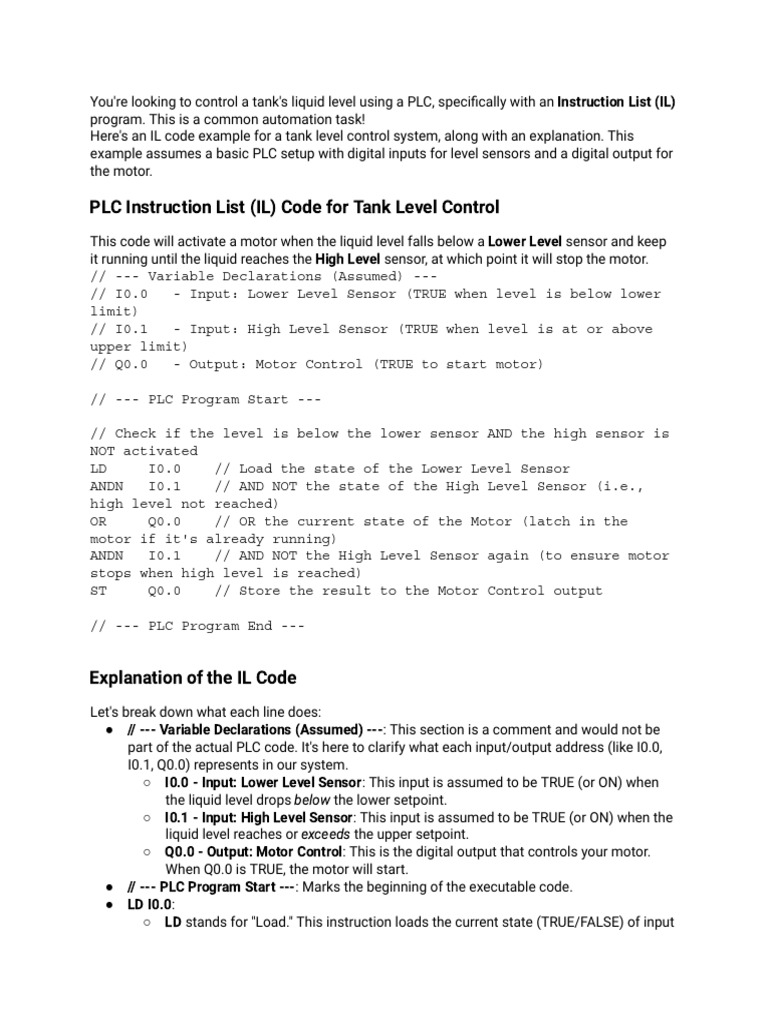 PLC Tank Level Control with IL Code | PDF | Programmable Logic ...