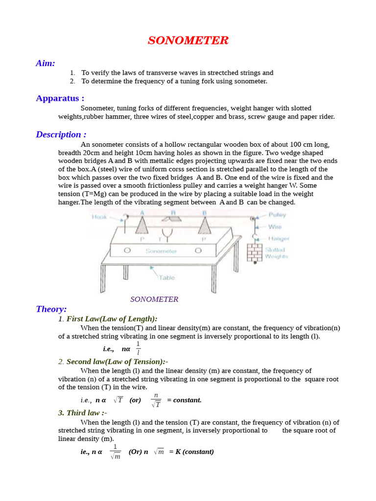 Sonometer Experiment: Wave Laws Verification | PDF | Tension (Physics ...