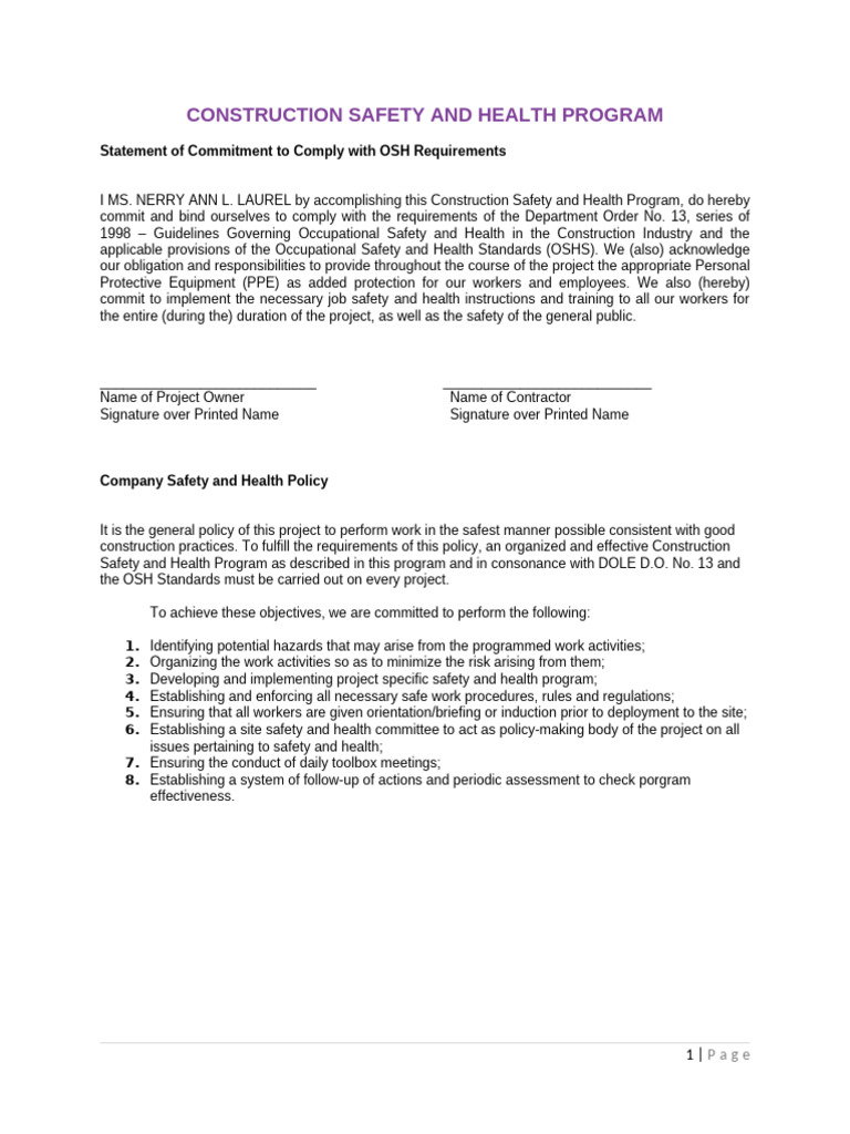 Construction Safety and Health Program | PDF | Occupational Safety And ...