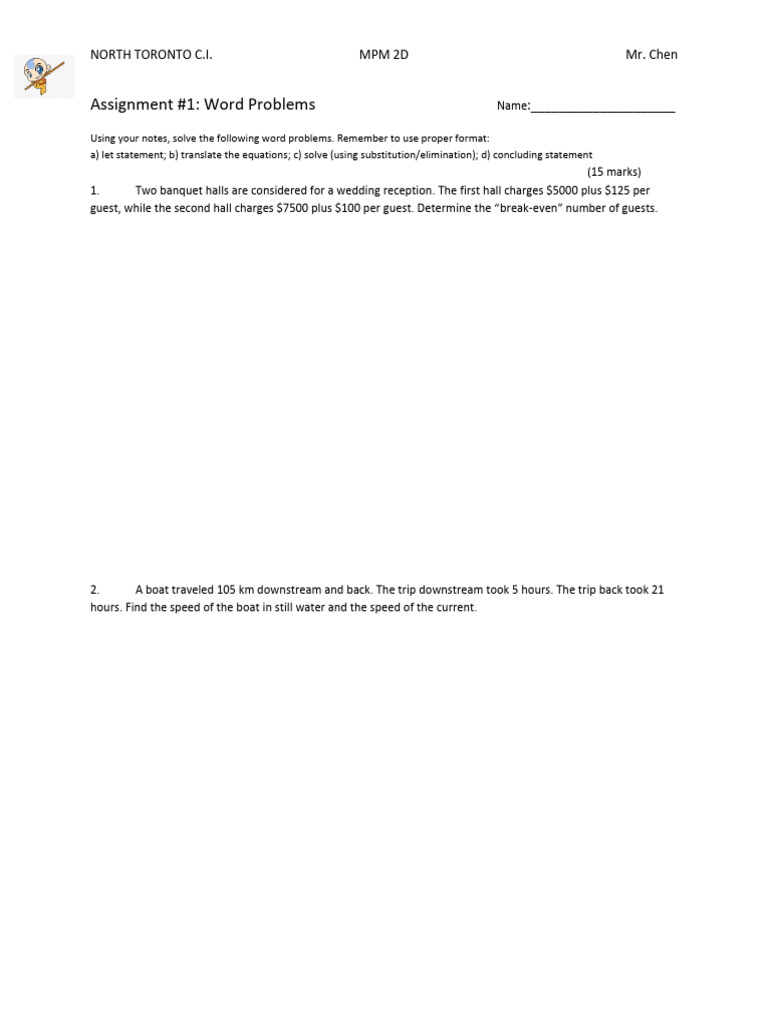 Mpm2d Assign Linear Word Problems | PDF