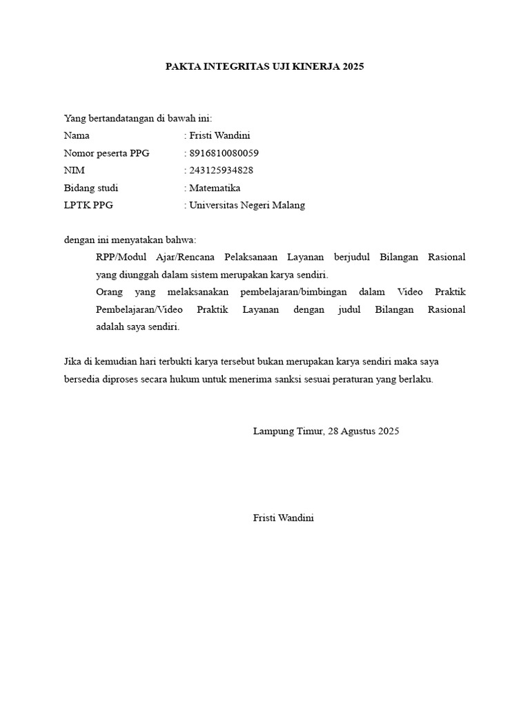 Pakta Integritas Uji Kinerja Kemenag | PDF