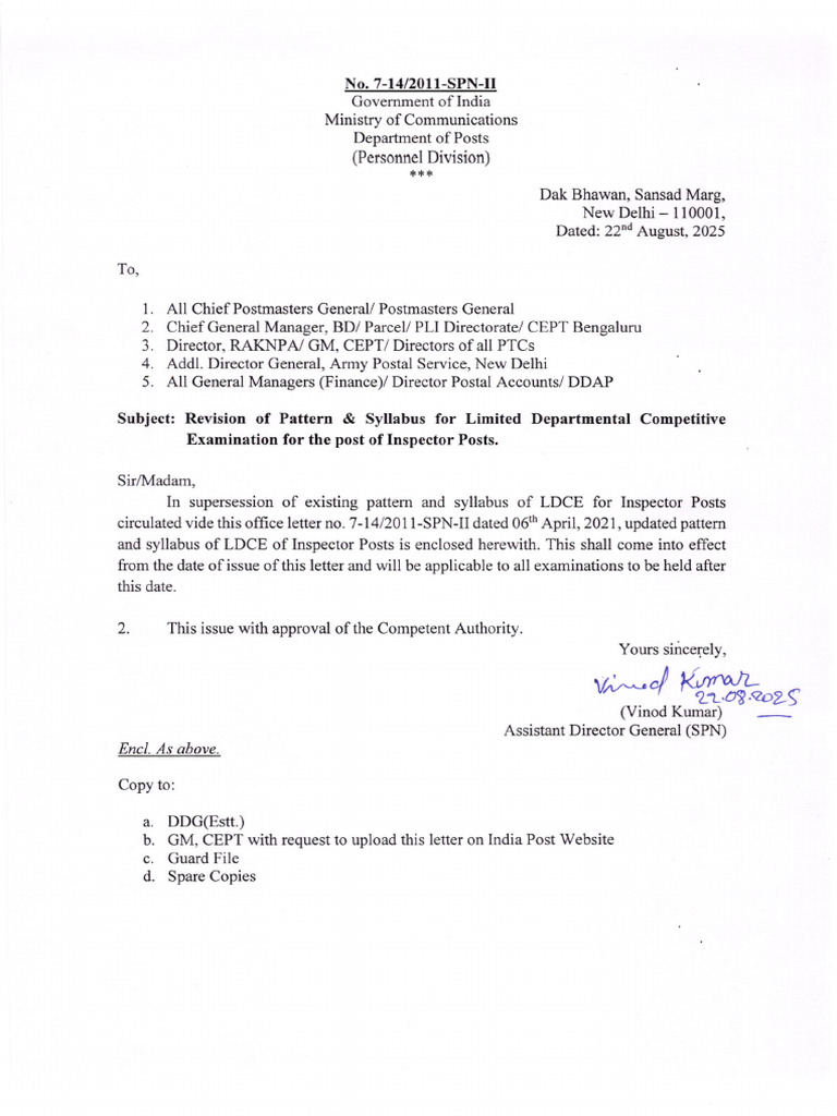 Revision of Syllabus & Pattern of LDCE for promotion to Inspector Posts ...