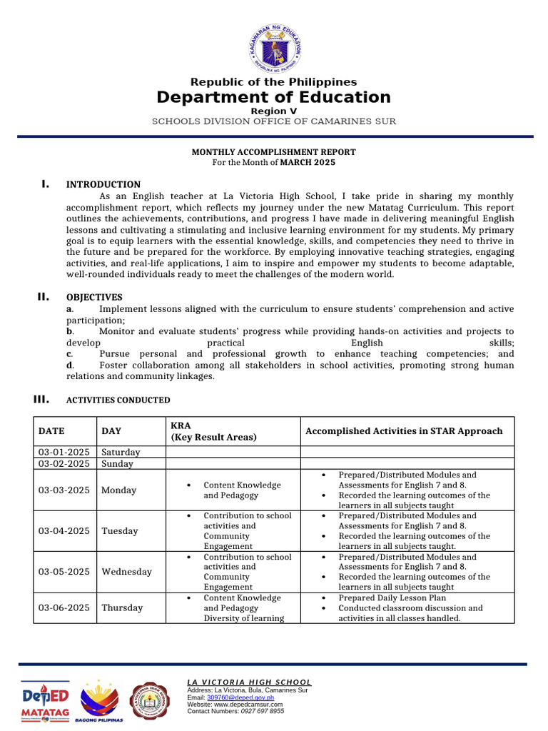 STAR Accomplishment Report - MAR 2025 | PDF | Learning | Behavior Modification