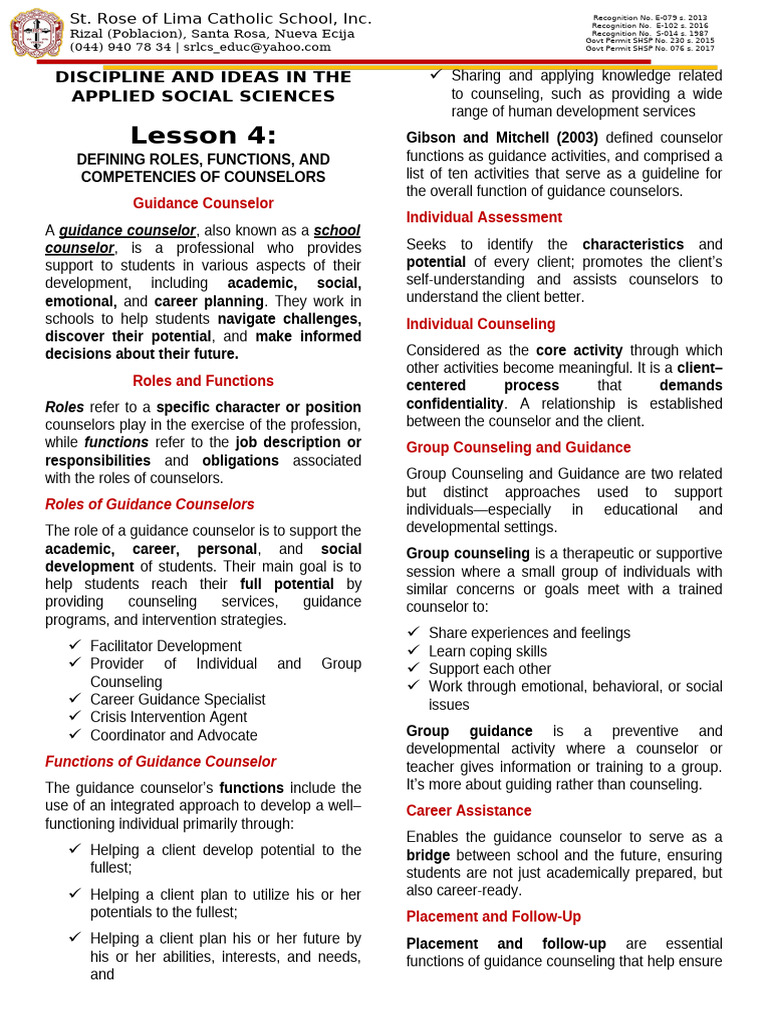 Roles and Functions of Guidance Counselors | PDF | Psychotherapy ...