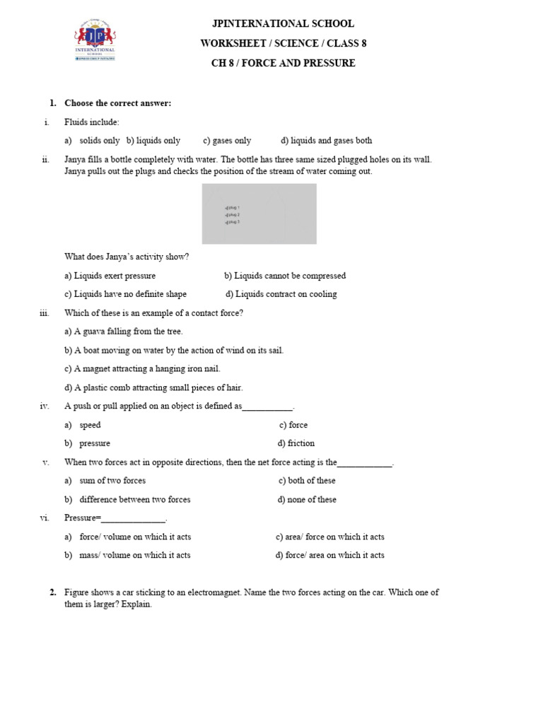 Force and Pressure Worksheet | PDF | Force | Pressure