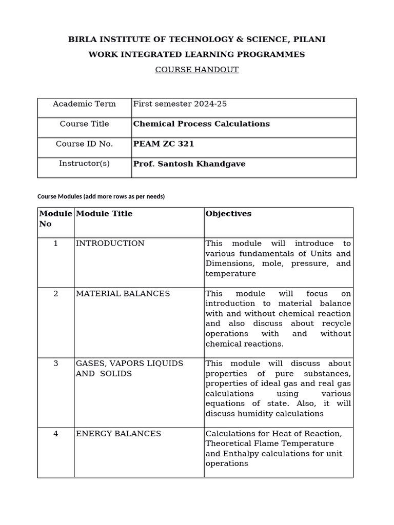 Chemical Process Calculations - Course Handout | PDF | Gases | Vapor