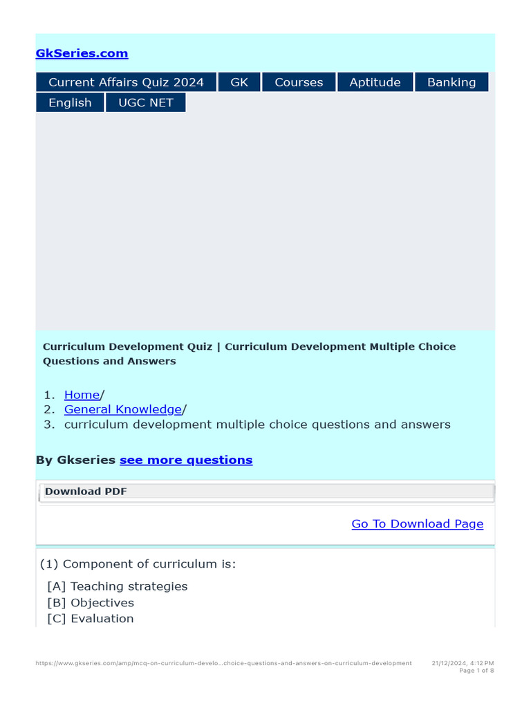 Curriculum Development Multiple Choice Questions and Answers ...
