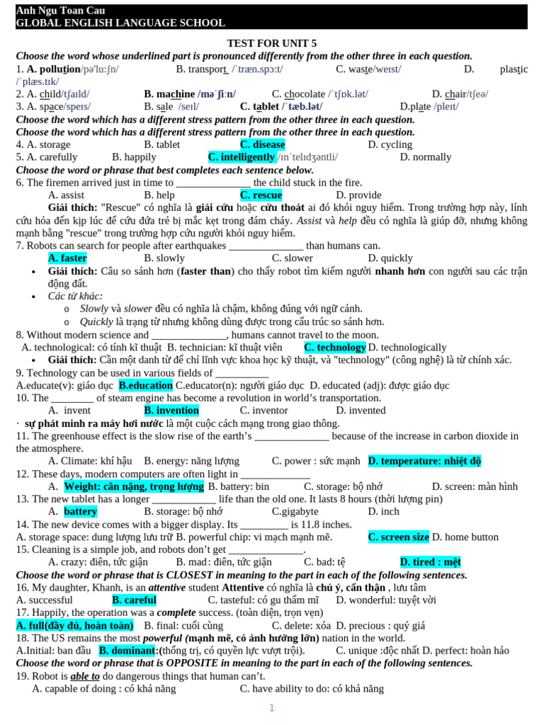 Đáp Án Test For Unit 5 250207 | PDF