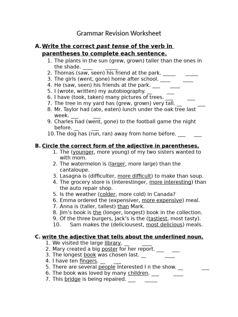 Past Tense and Adjective Practice Worksheet | PDF | Grammar | Syntax