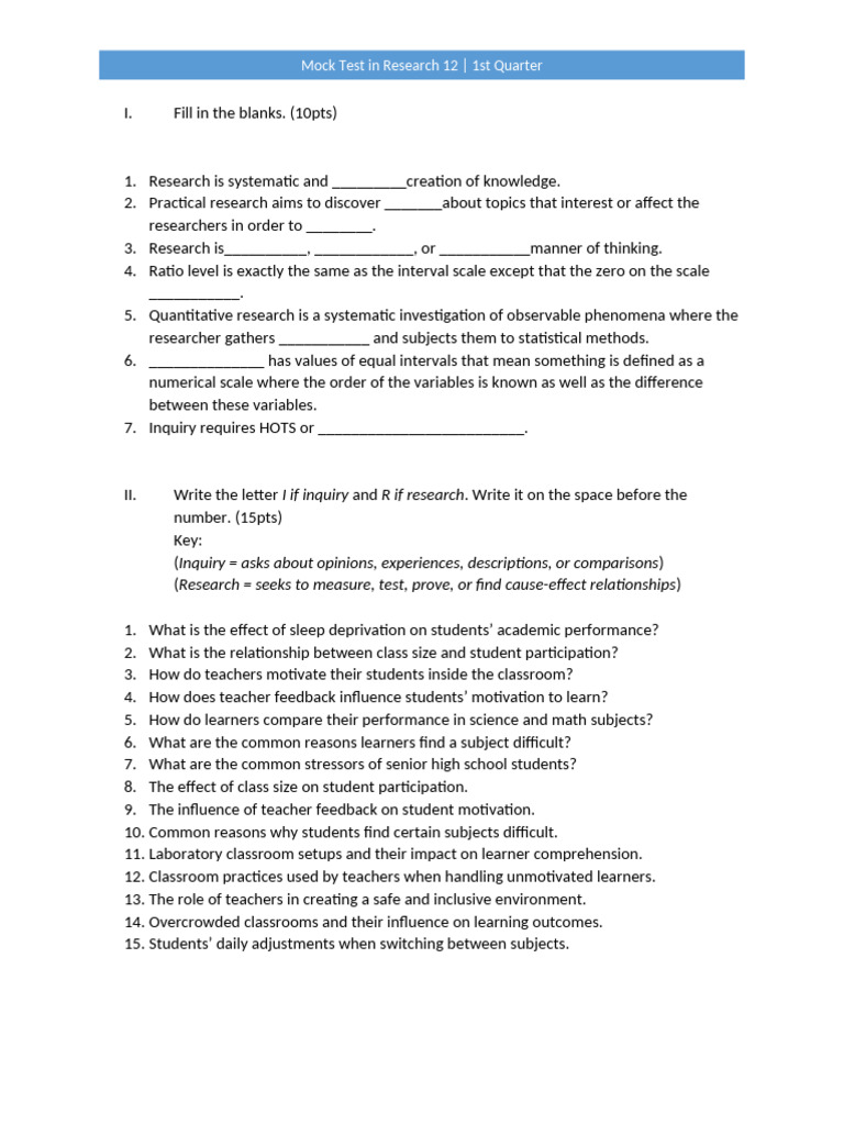 Research12 Q1 Mock Test Reviewer | PDF | Level Of Measurement | Science
