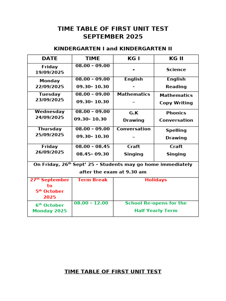 First Unit Test Timetable 2025 | PDF
