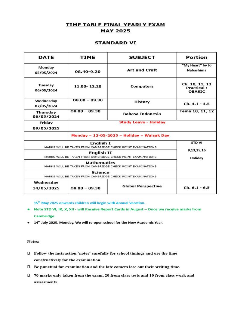 Standard VI Exam Schedule 2025 | PDF | Tests | Educational Stages