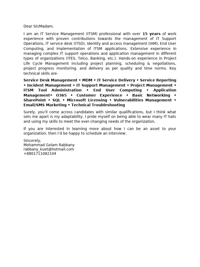 Cover Letter - Md. Golam Rabbany | PDF