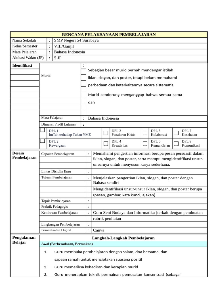 Template RPP Problem-Based Learning Untuk PM (Deep Learning) - YES | PDF