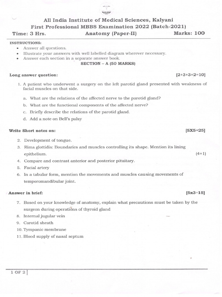 1st MBBS PROF-Anatomy Paper-2 2022 | PDF