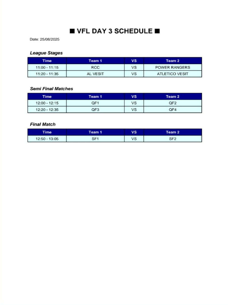 VFL Day 3 Final Schedule | PDF