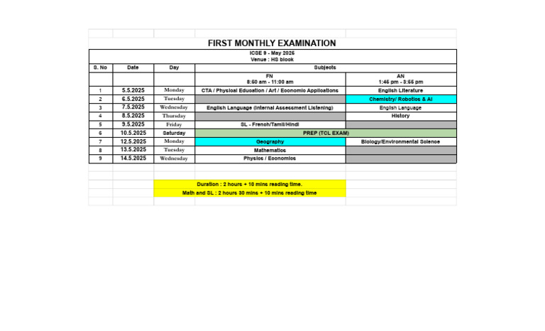 End Term Timetable - Grade - ICSE 9 | PDF