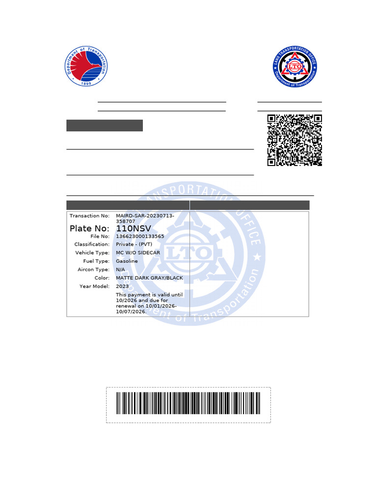 Plate No: 110NSV: Official Receipt | PDF | Payments | Transport