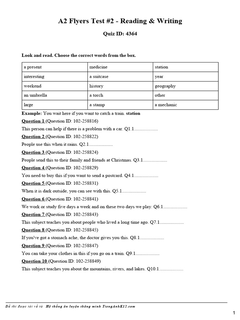 A2 Flyers Test #2: Reading & Writing | PDF