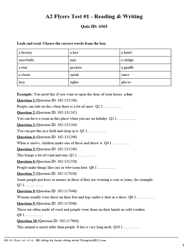 A2 Flyers Reading & Writing Test | PDF