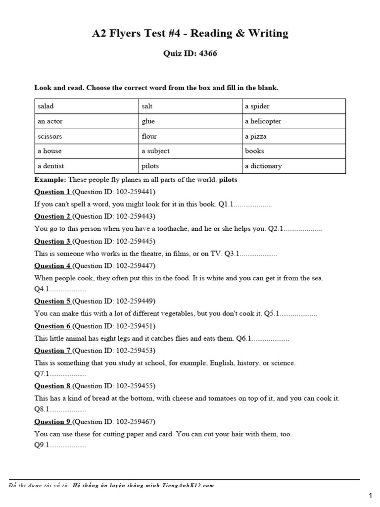 A2 Flyers Reading & Writing Test 4 | PDF