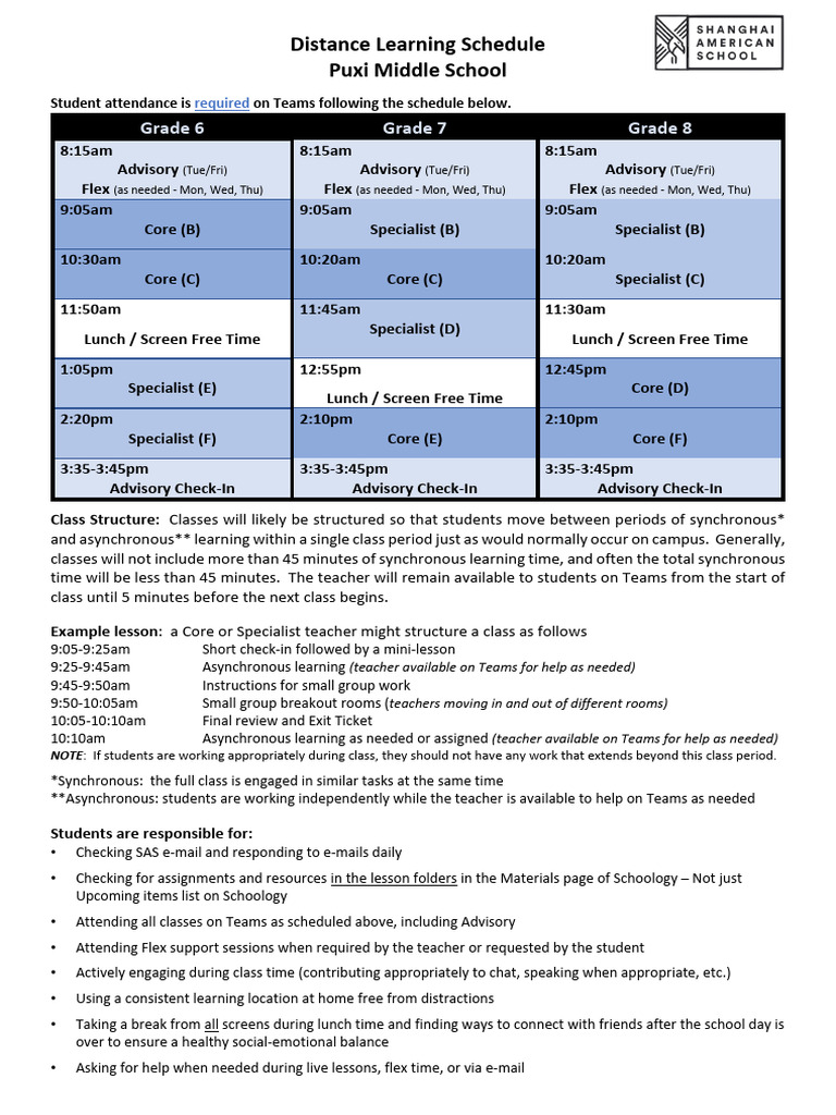 Puxi Middle School Distance Learning Schedule | PDF | Learning | Teaching