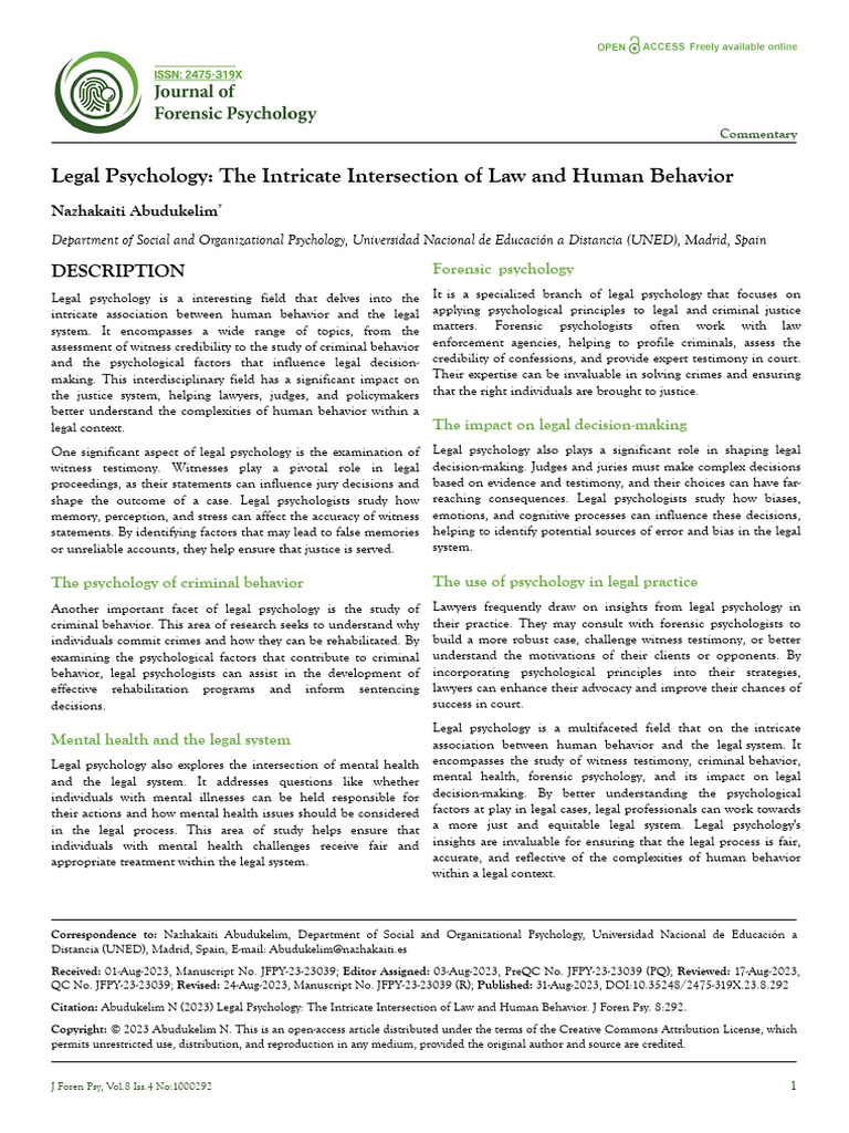 3 Legal Psychology the Intricate Intersection of Law and Human Behavior ...