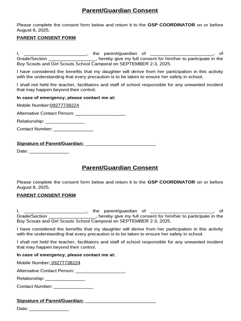 Parent Consent for School Camporal | PDF