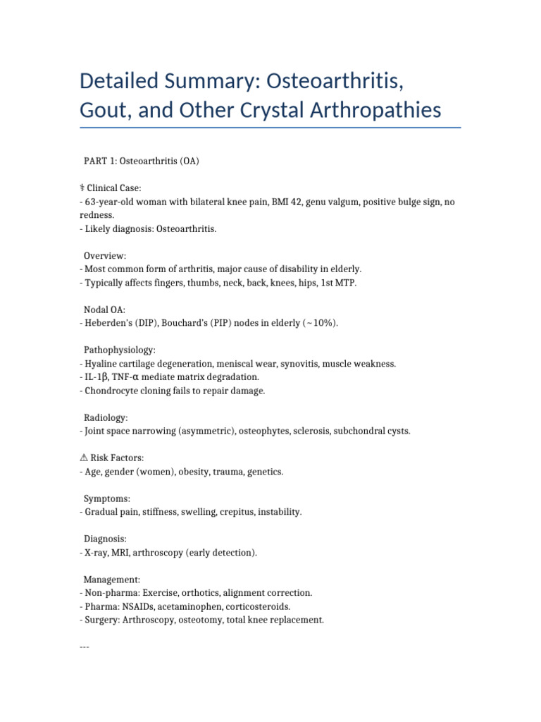 Osteoarthritis Gout Detailed Summary | PDF