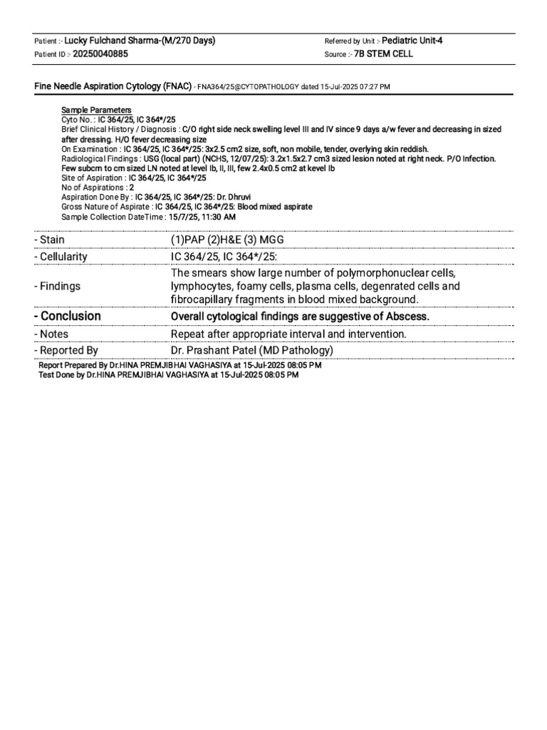 FNAC Report: Neck Abscess in Pediatric Patient | PDF