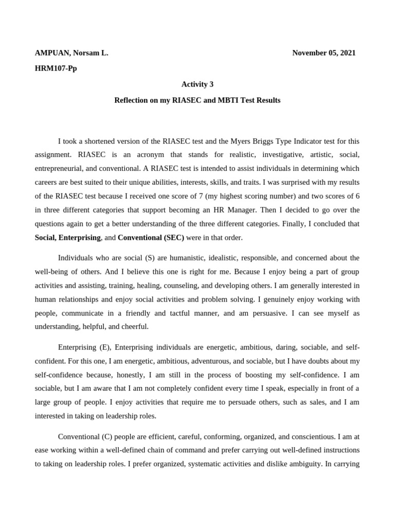 RIASEC and MBTI Test Reflection | PDF | Extraversion And Introversion ...