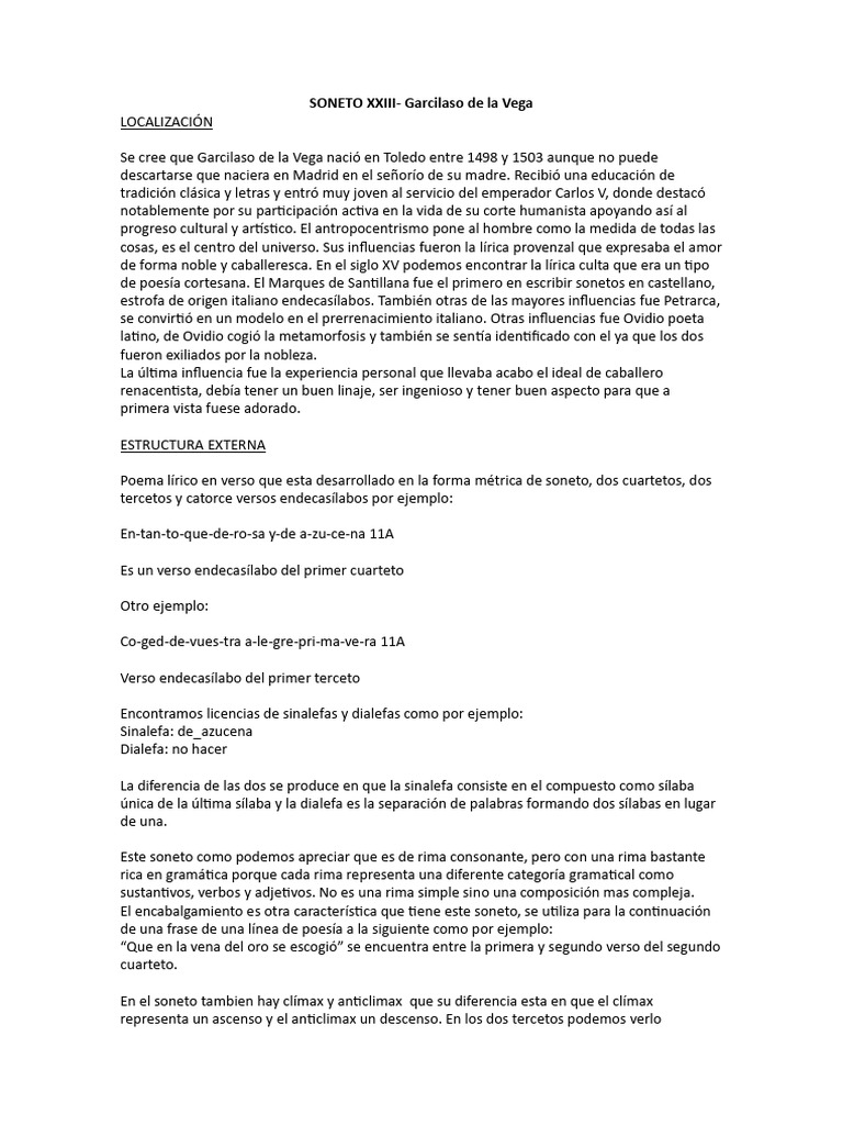 Análisis del Soneto XXIII de Garcilaso | PDF | Sonetos
