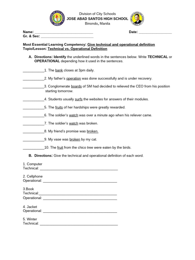 Technical vs. Operational Definitions Worksheet | PDF | Scientific Method