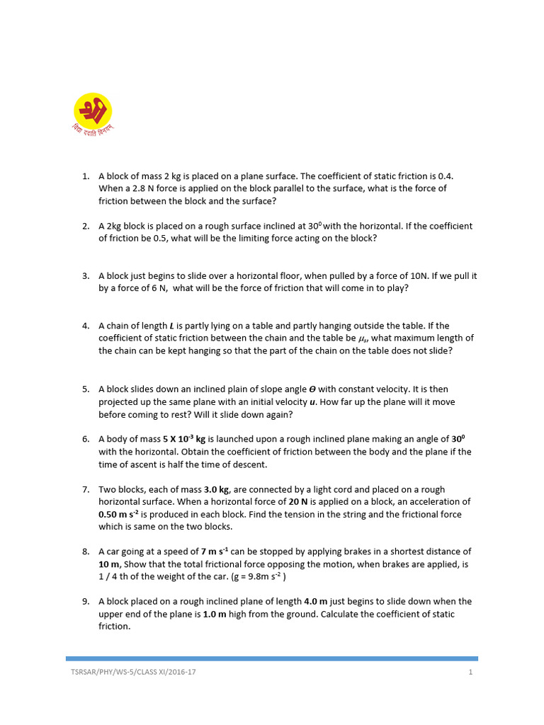 Cl11 Phy Friction and Waves Oct2016 | PDF | Waves | Friction