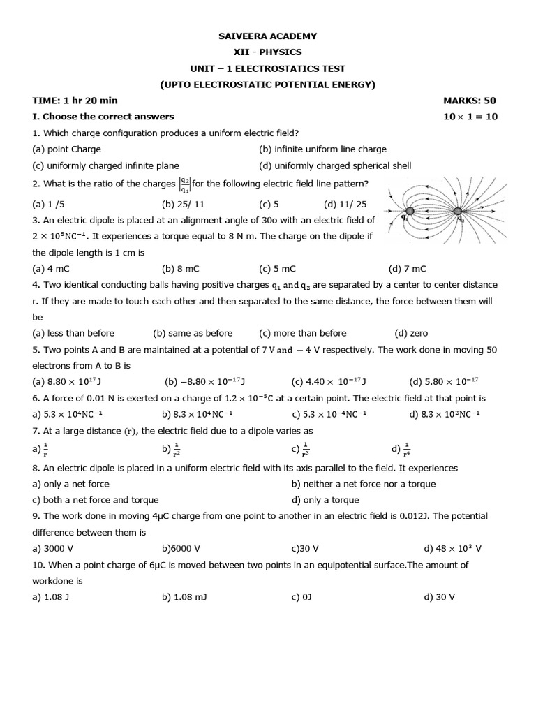 Electrostatics Test for XII Physics | PDF | Electric Field | Force