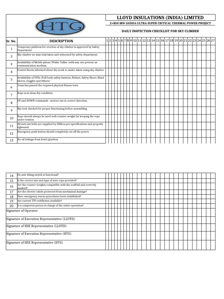 Daily Sky Climber Inspection Checklist | PDF