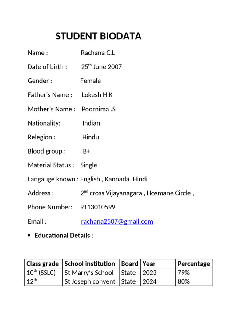 Student Biodata of Rachana C.L | PDF