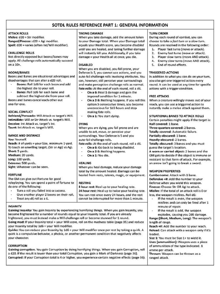 SotDL Rules Reference Sheet | PDF
