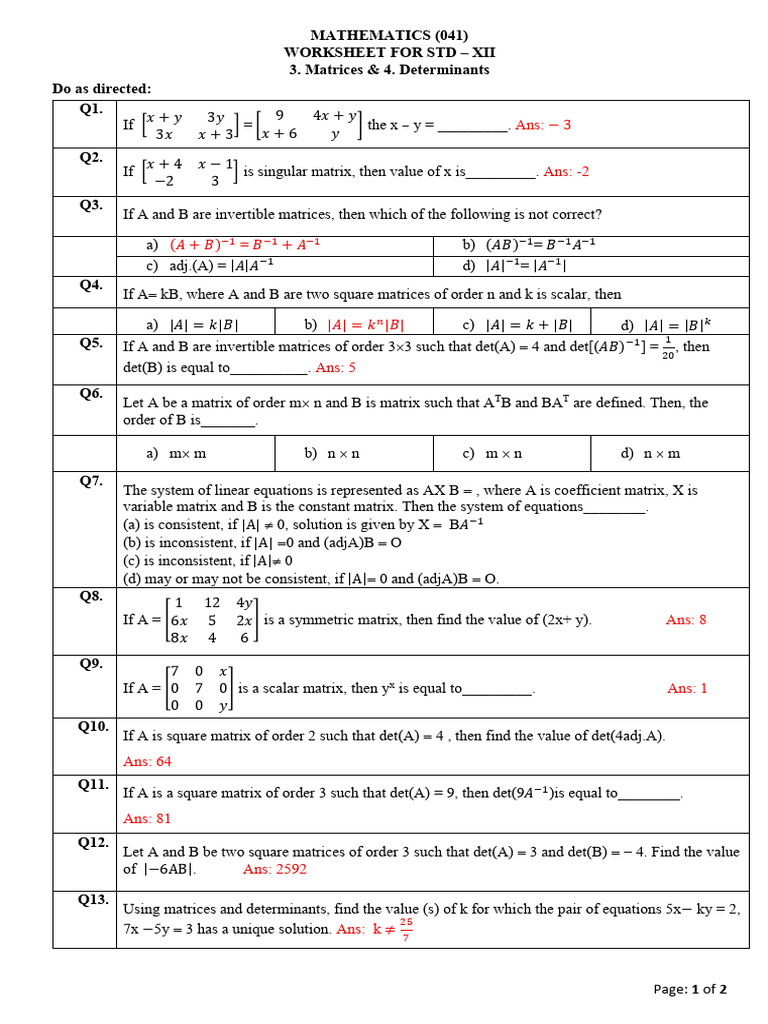 Mathematics Worksheet: Matrices & Determinants | PDF | Matrix ...