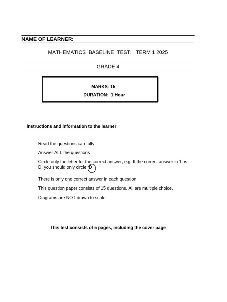 Grade 4 Mathematics Baseline Test 2025 | PDF
