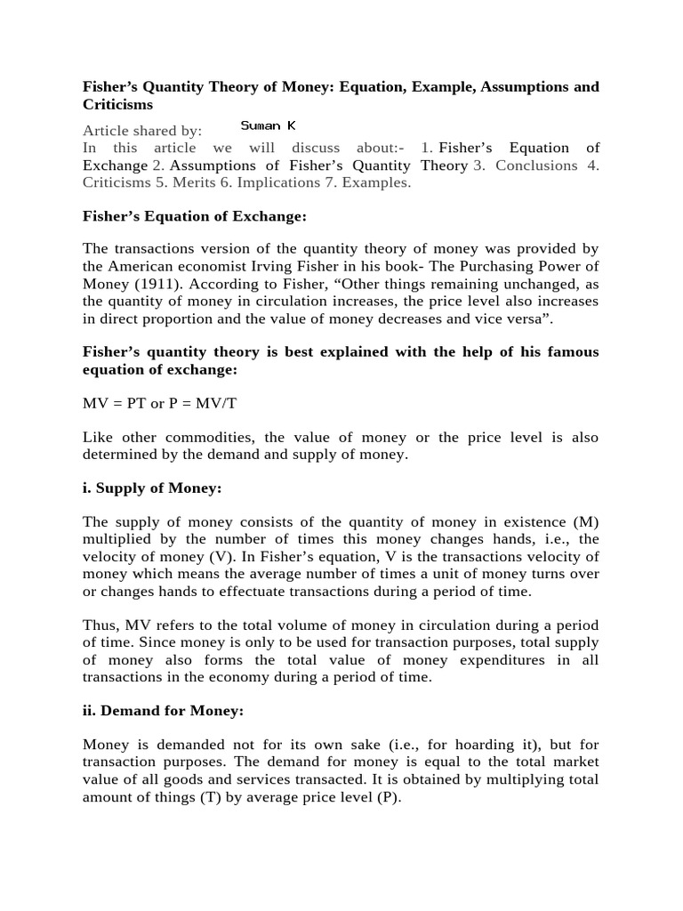 Fisher Quantitative Theory of Money | PDF | Quantity Theory Of Money ...