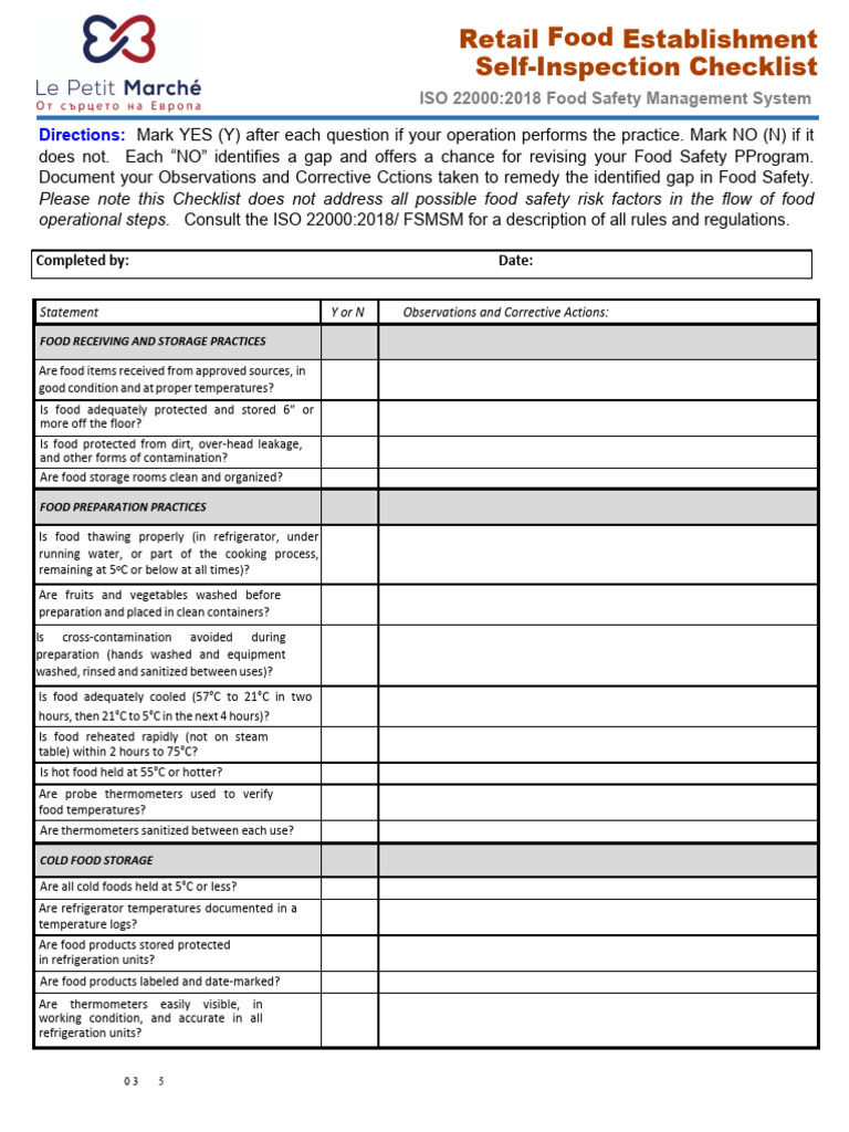 Food Safety Self-Inspection Checklist | PDF | Food Safety | Hand Washing