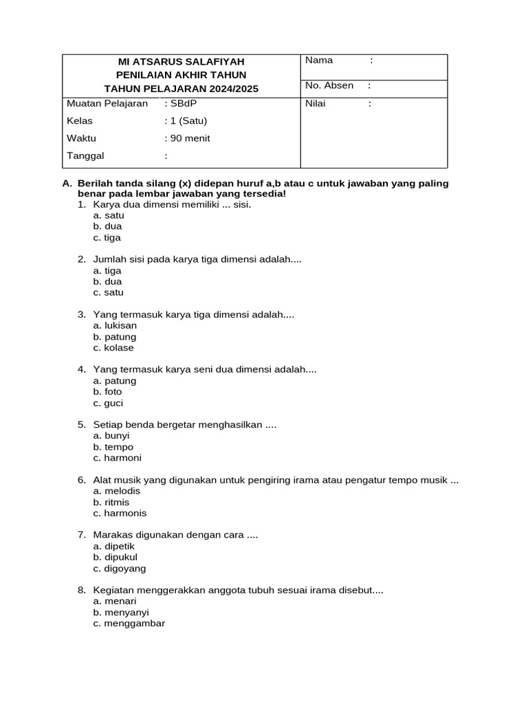 Soal PAT Kelas 1 - SBdP | PDF