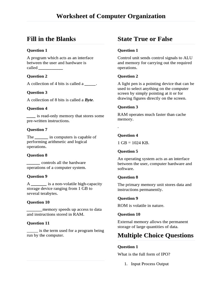 Worksheet Computer Organisation | PDF | Computer Data Storage | Random Access Memory