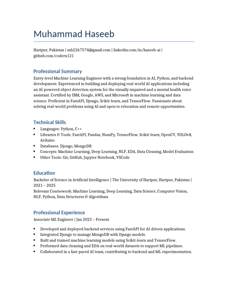 Entry Level ML Engineer CV Haseeb | PDF | Machine Learning | Artificial Intelligence
