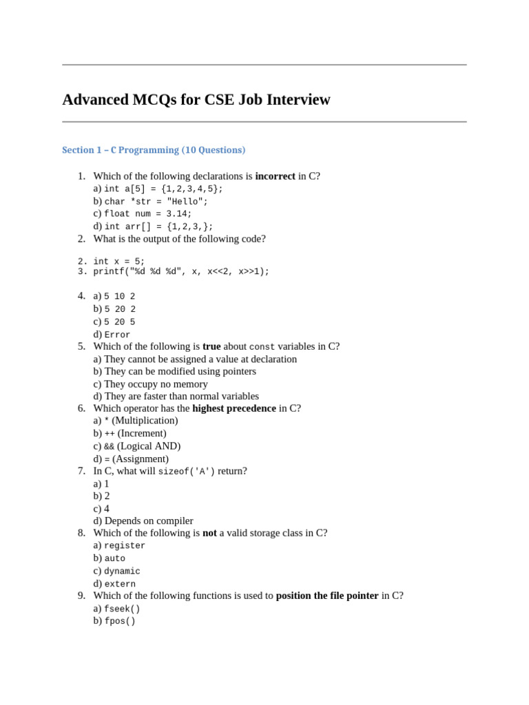 Advanced MCQs For CSE Job Interview | PDF | Pointer (Computer Programming) | Scheduling (Computing)