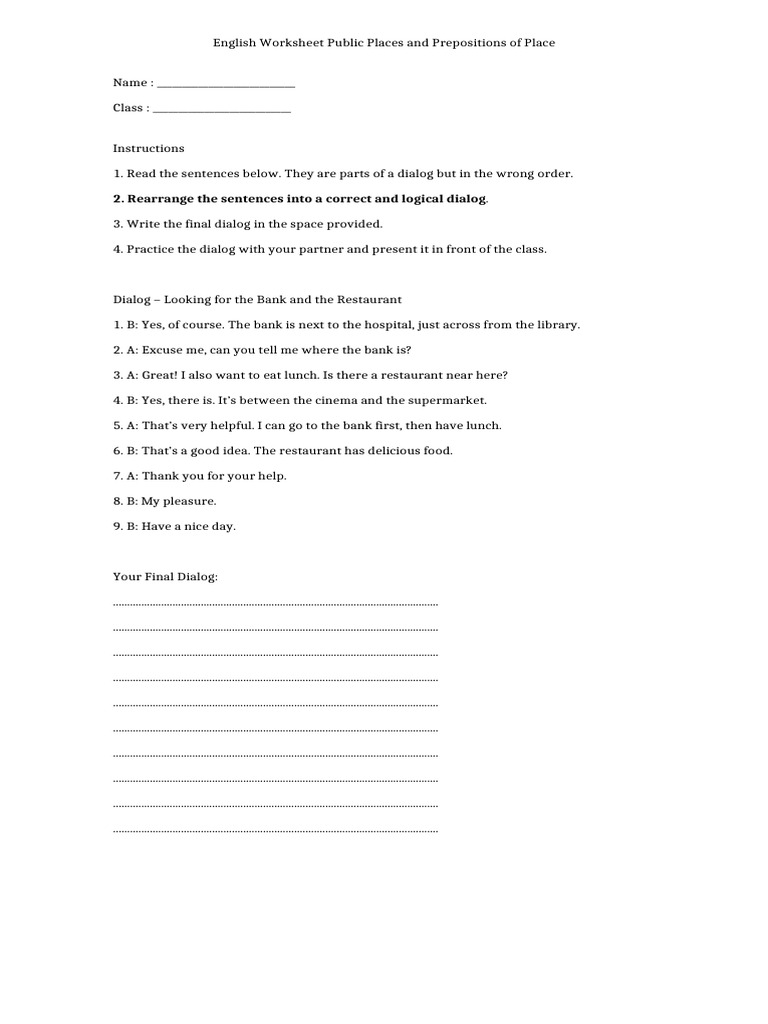 English Worksheet: Dialog on Locations | PDF