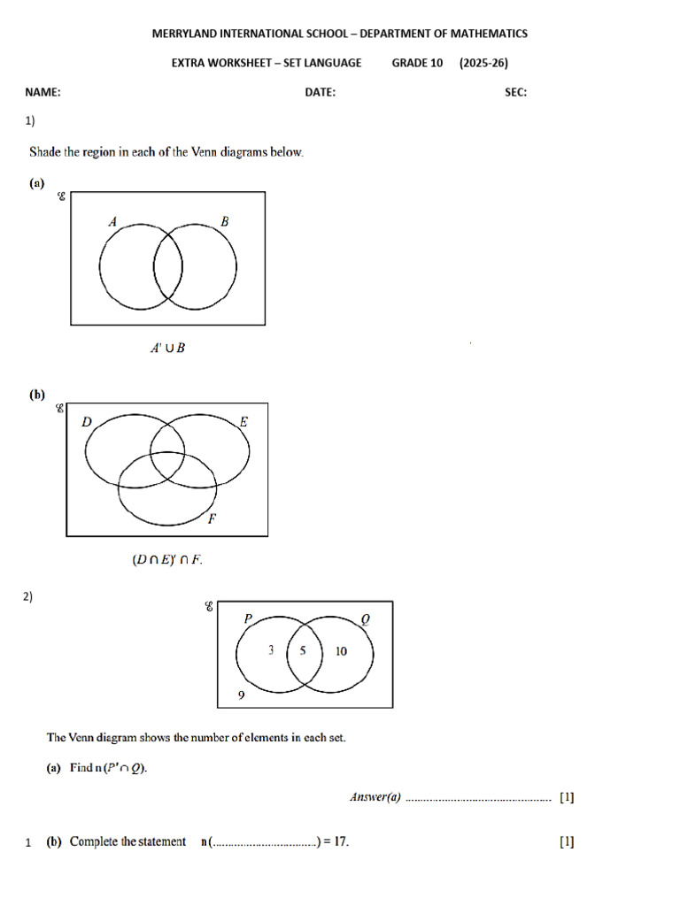 Sets Extra Worksheet Grade 10 | PDF