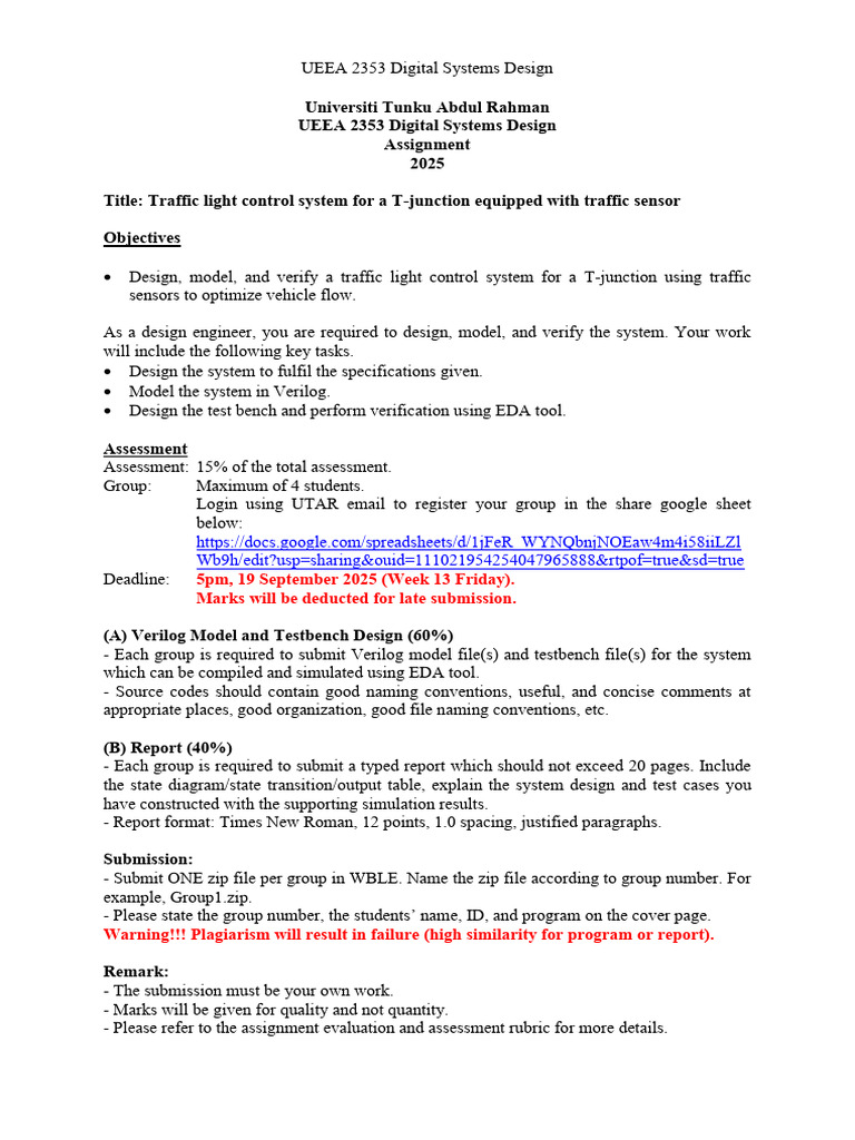 UEEA2353 DSD Assignment and Marking Rubric | PDF | Traffic Light | Traffic